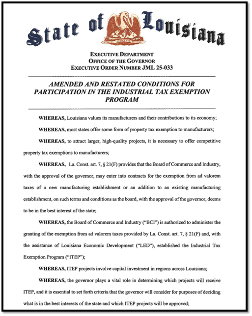 Louisiana Industrial Ad Valorem Tax Exemption Program (ITEP) - New Rules and Executive Order ...